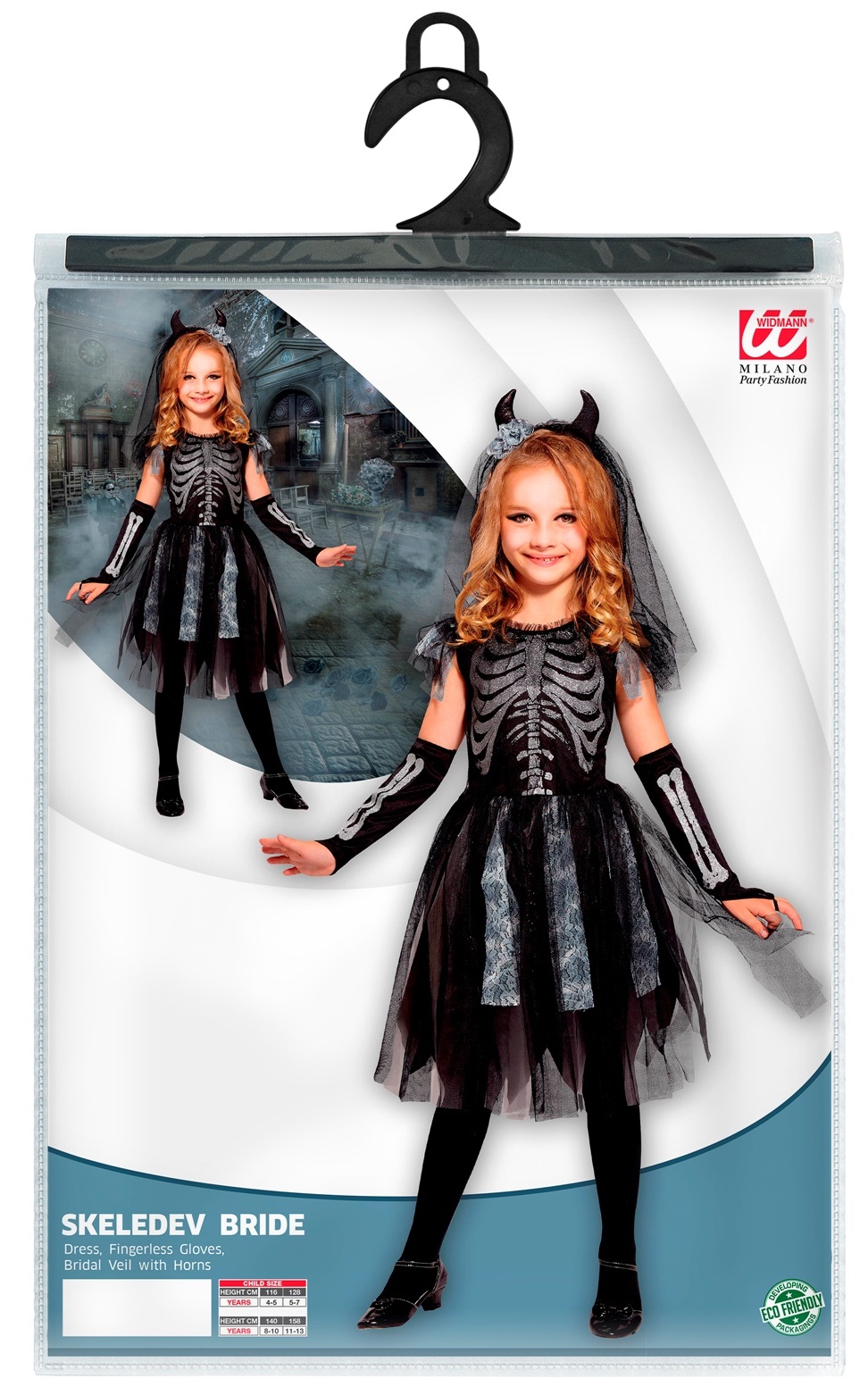 Skeleton bride costume for kids with veil and horns:black | CH ...